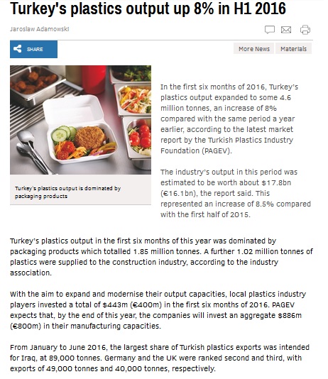 PAGEV - Turkey's plastics output up 8% in H1 2016